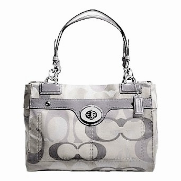 Coach | Bags | Coach Penelope Gray Silver Op Art Signature Carryall Pat ...